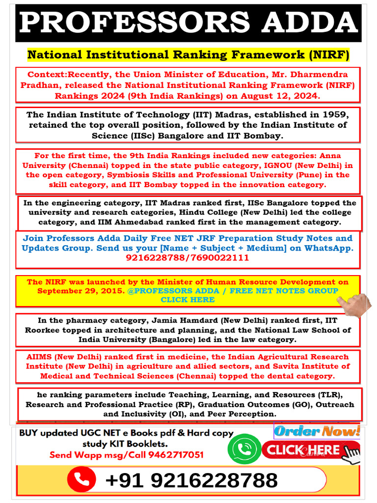 TOPIC National Institutional Ranking Framework NIRF UGC NET | PDF
