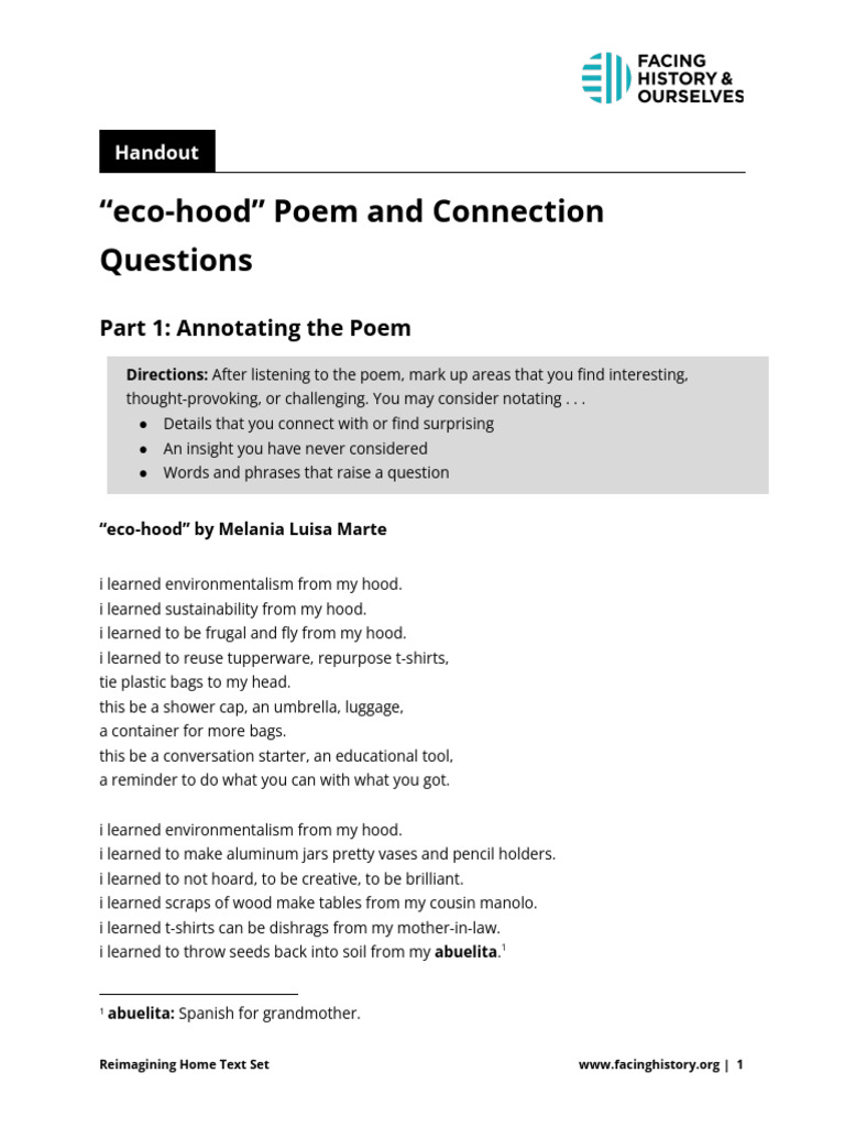 Handout - Eco-Hood - Poem and Connection Questions | PDF