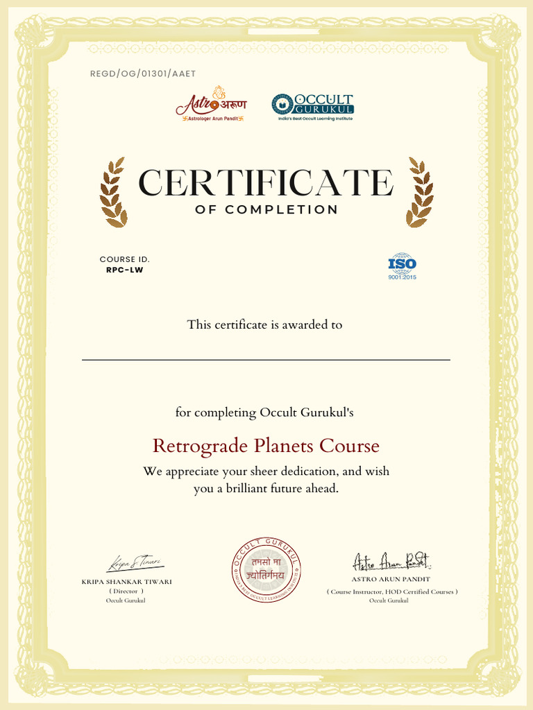 Certificate Retrograde Planets by Astro Arun Pandit 674476f971f0653e20048e85 | PDF