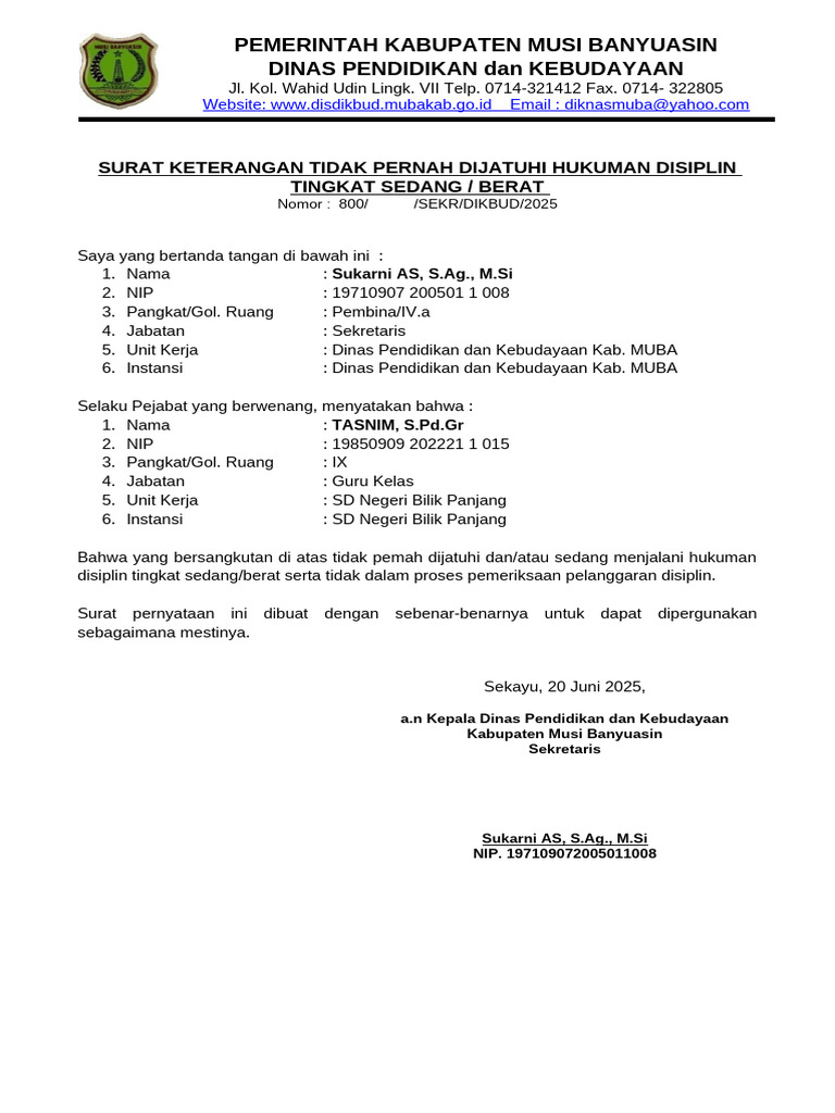 Surat Keterangan Tidak Pernah Dijatuhi Hukuman Disiplin | PDF