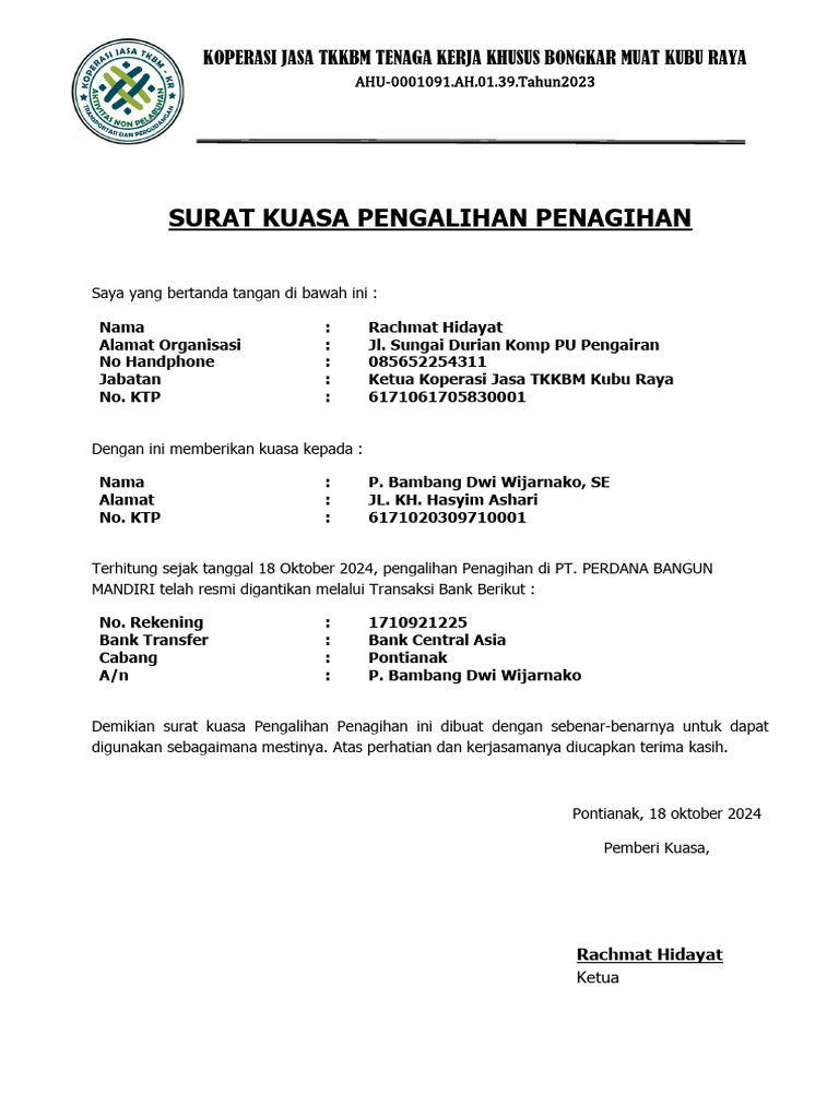 Surat Kuasa Pengalihan Penagihan | PDF