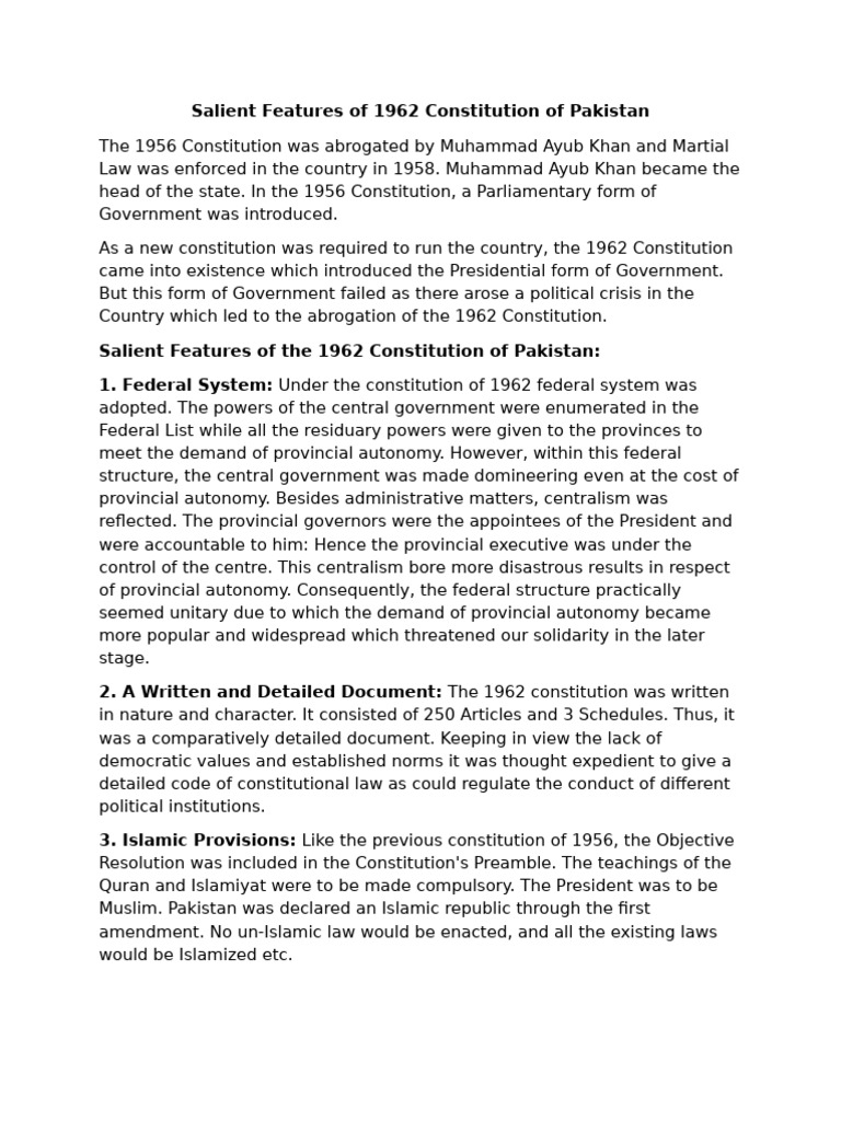 Features of 1962 Constitution of Pakistan | PDF | Legal Documents | Governance