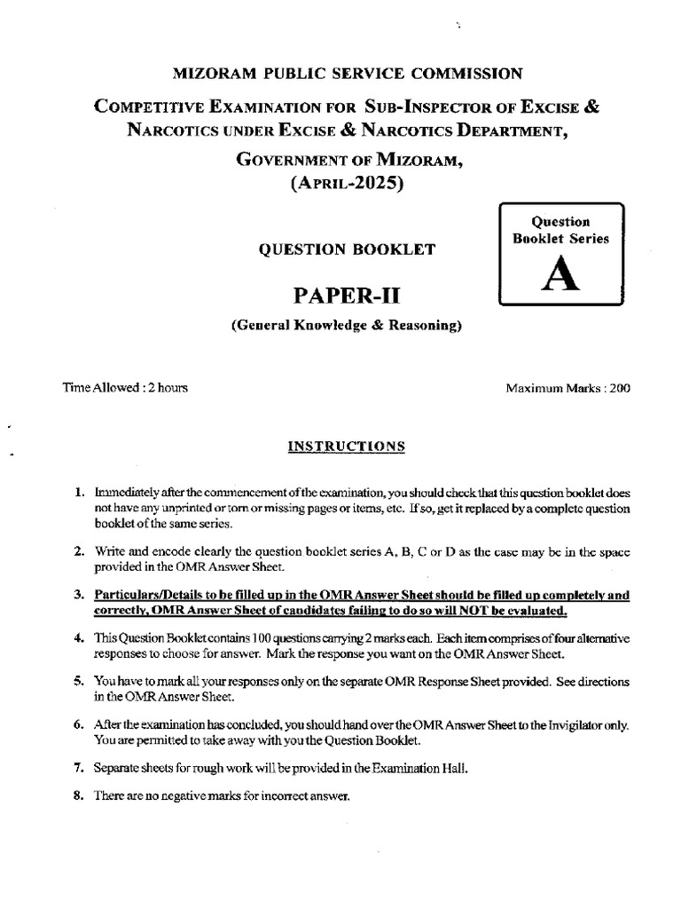 Sub Inspector of Excise General Knowledge Paper II April 2025 A | PDF