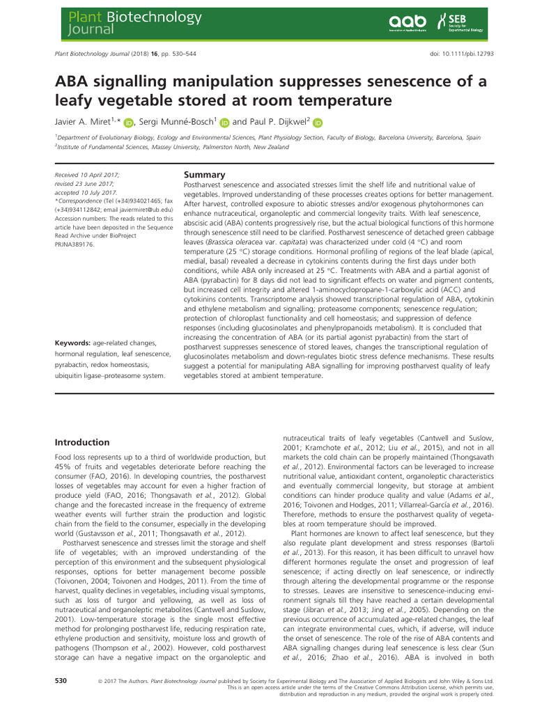 ABA Signalling Manipulation Suppresses Senescence of A Leafy Vegetable ...