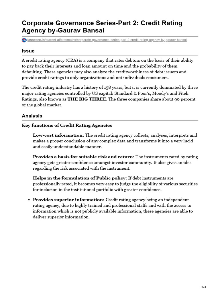Corporate Governance Series-Credit Rating Agency | PDF | Credit Rating ...