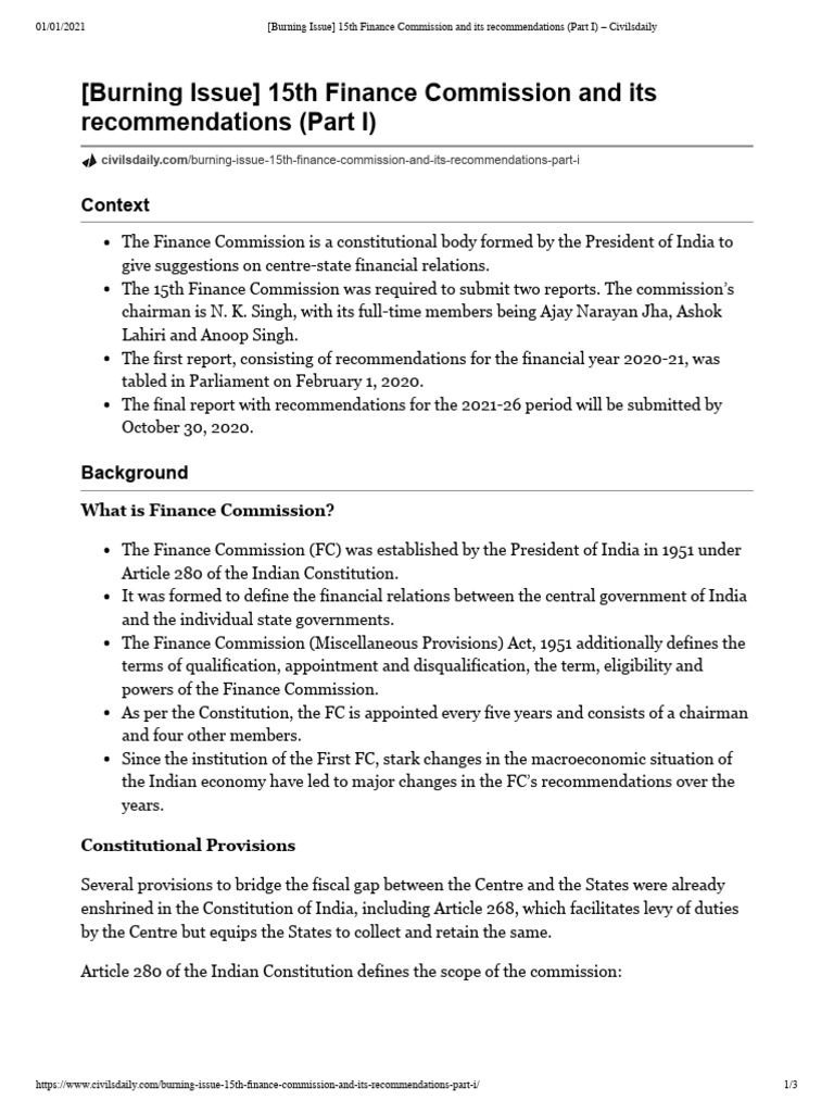 15th Finance Commission and Its Recommendations (Part I) | PDF ...