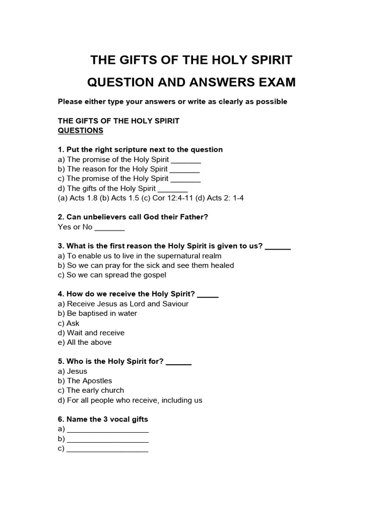 The Gifts of The Holy Spirit Questions | PDF | Spiritual Gift | Jesus