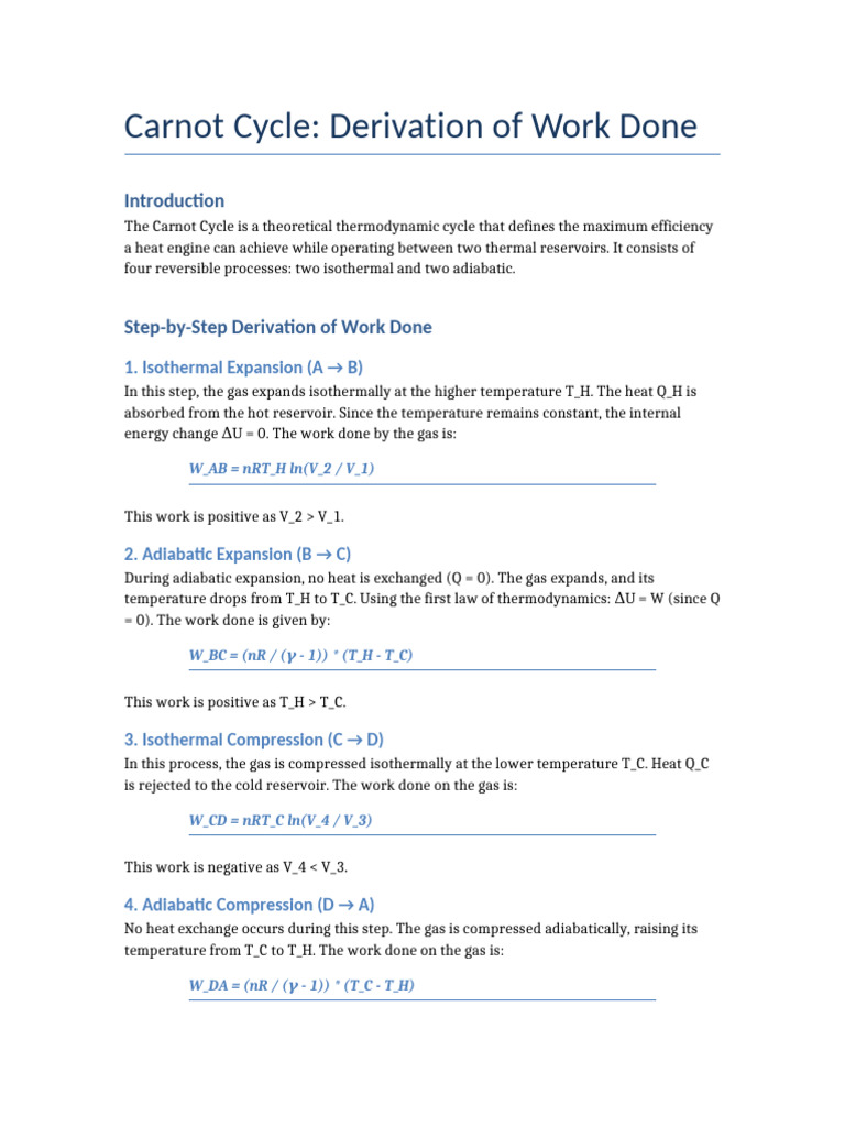 Carnot Cycle Work Derivation Explained | PDF