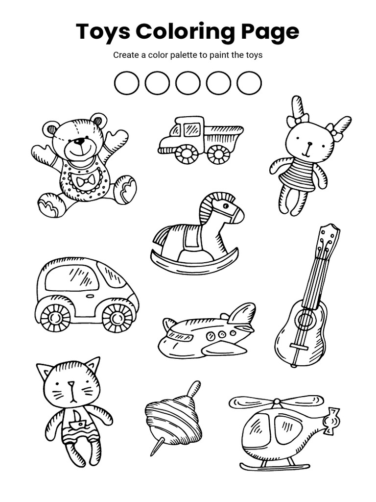 Toys Coloring Page Worksheet in Monochromatic Simple Style | PDF