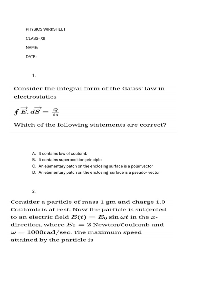 Physics Wirksheet Class-Xii Name: Date | PDF