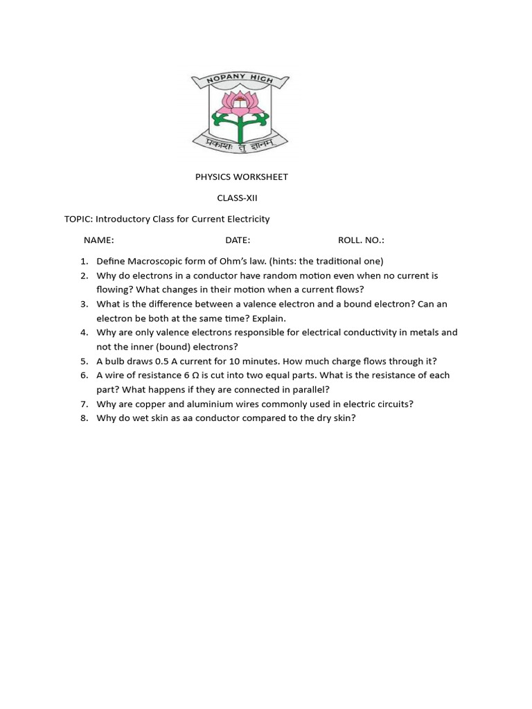 Class 12 Physics: Current Electricity Worksheet | PDF
