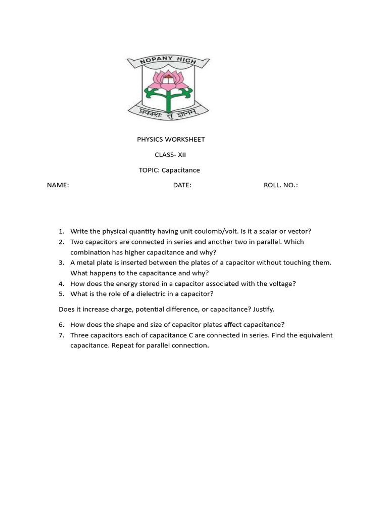 Class 12 Physics Worksheet: Capacitance | PDF