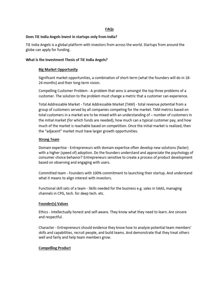 FAQs For TiE India Angels | PDF | Startup Company | Small Business & Entrepreneurs