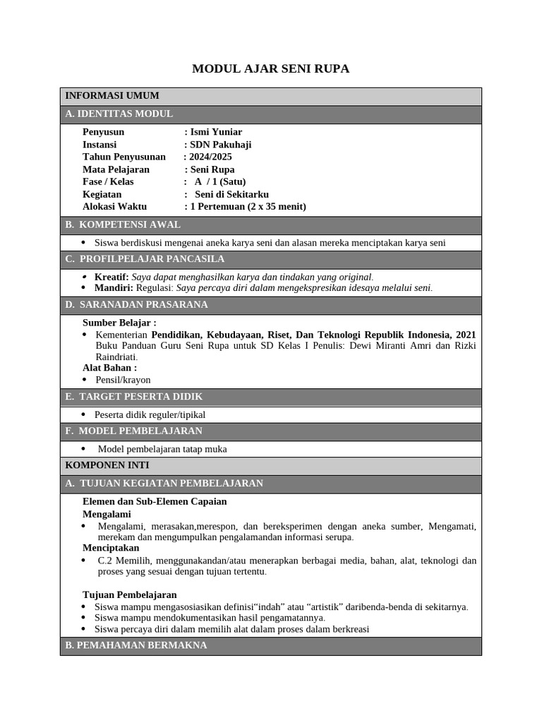 Modul Ajar Seni Rupa 1 (Ismi Yuniar-21060119) | PDF