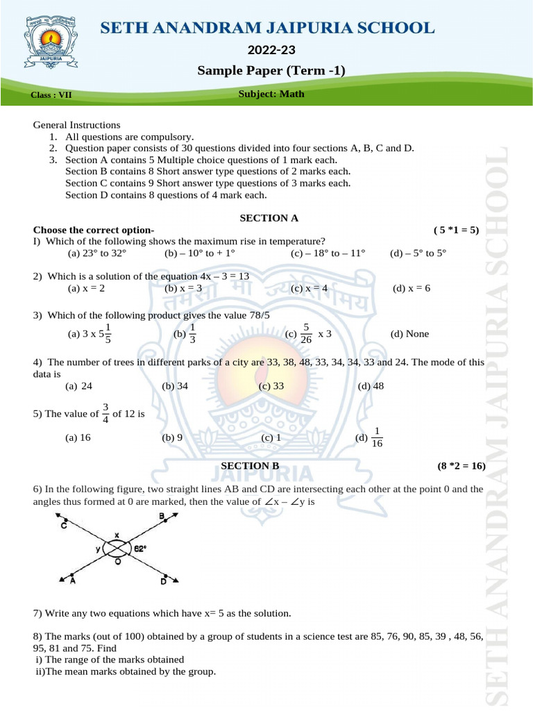 7th Standard Maths Term 1 Paper | PDF | Mean | Angle