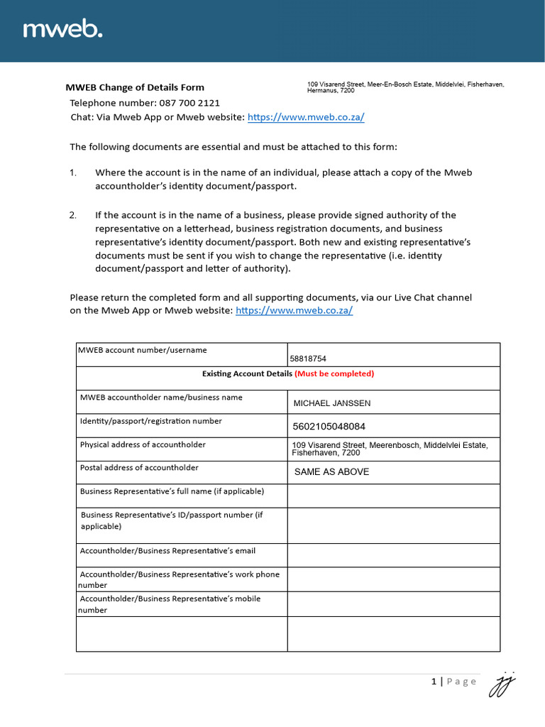 Mweb Change of Details Form | PDF | Identity Document | Telephone