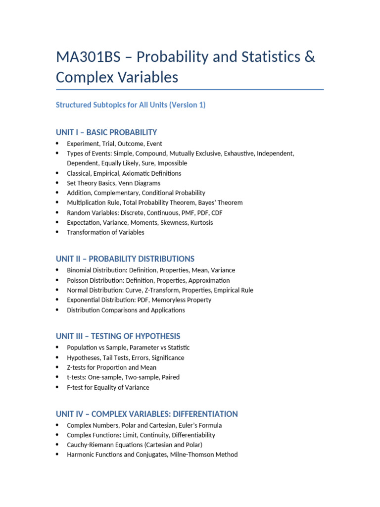 MA301BS Detailed Subtopics | PDF | Probability Distribution | Variance