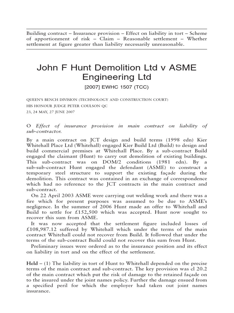 John F Hunt Demolition LTD V ASME Engineering LTD 114 ConLR 105 | PDF ...