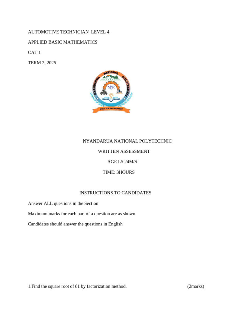 Level 4 Automotive Math Assessment | PDF