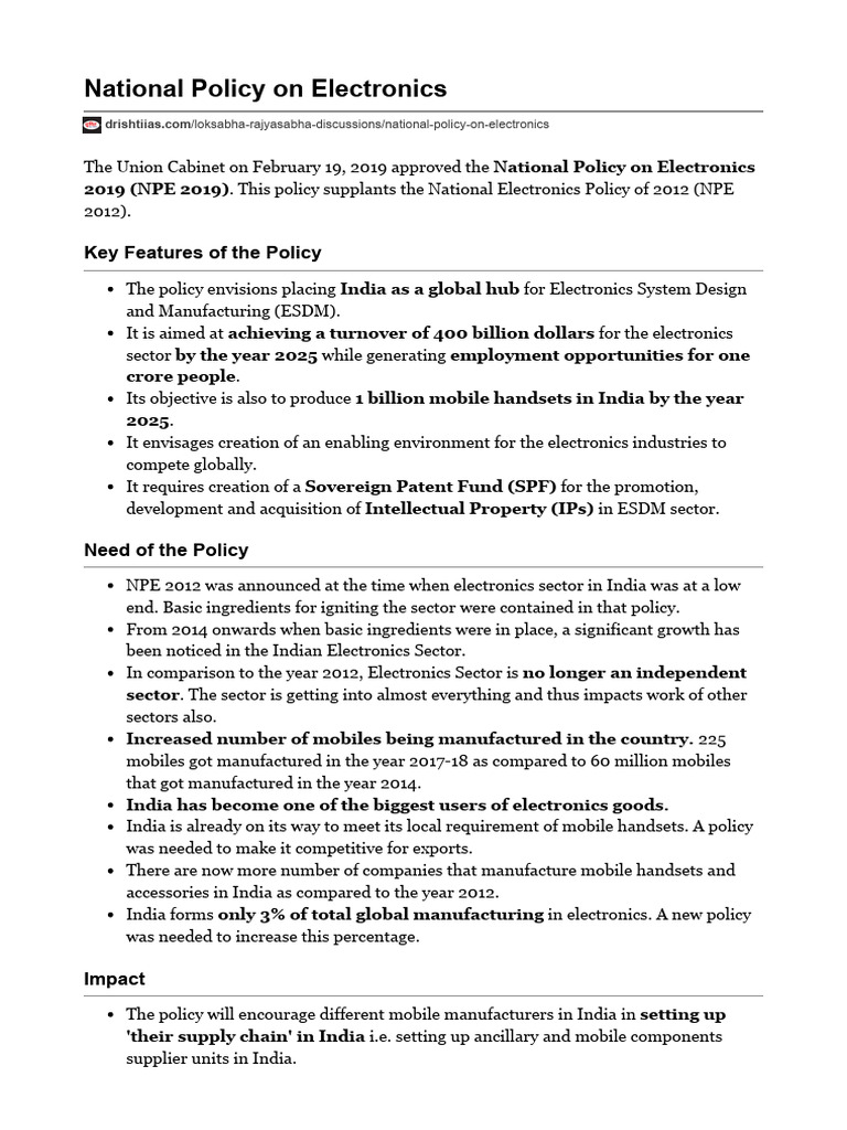 National Policy on Electronics 2019 | PDF | Electronics | Economies