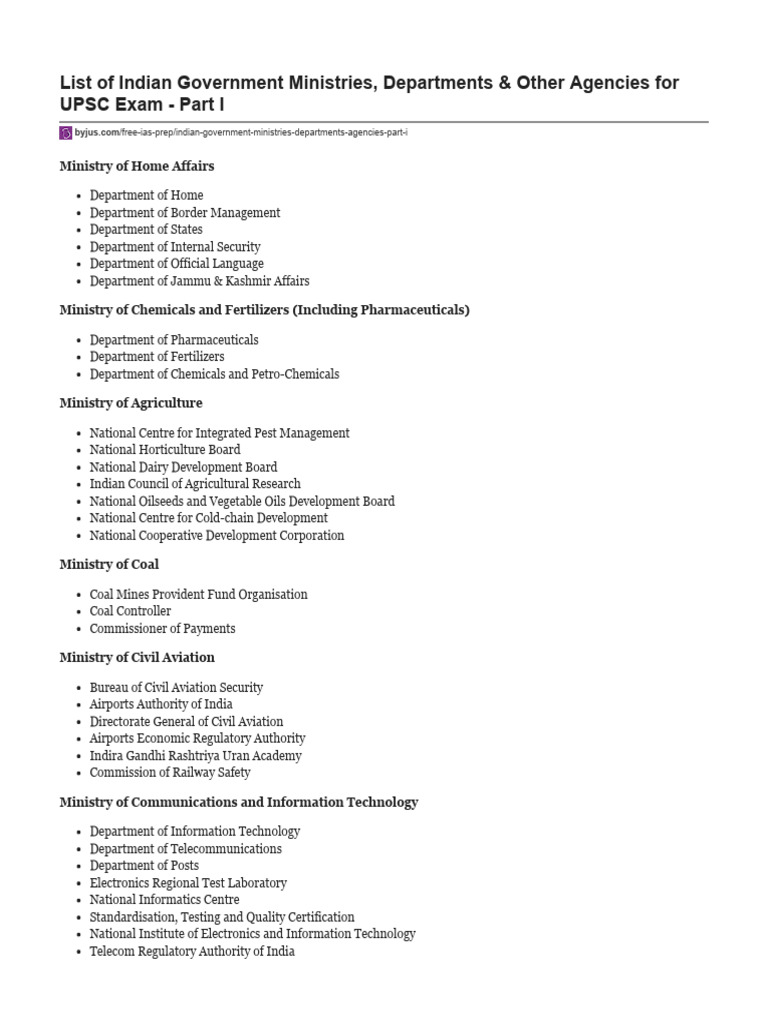 Indian Government Ministries & Departments | PDF | Government Of India