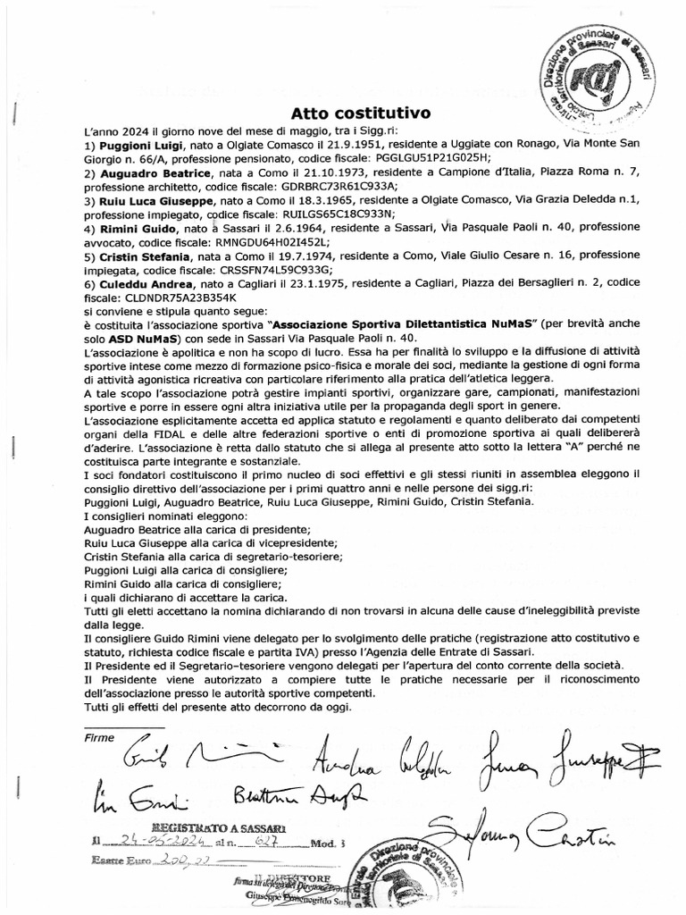 Atto Costitutivo e Statuto Registrati | PDF