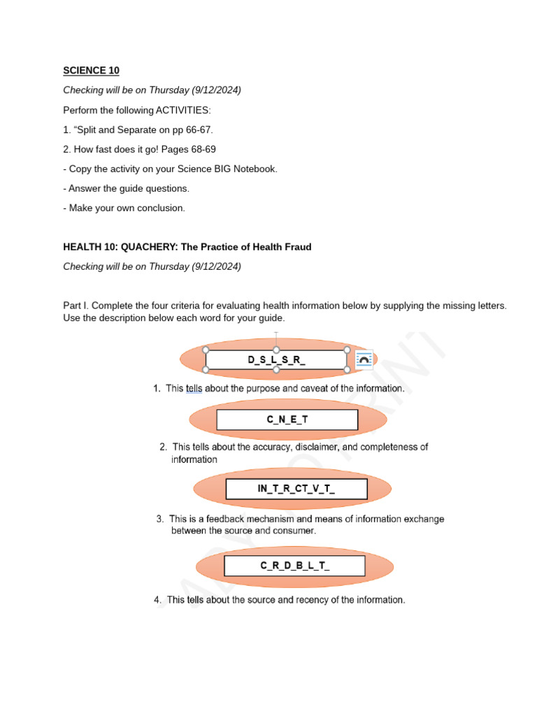 Science 10 and Health Seatwork | PDF