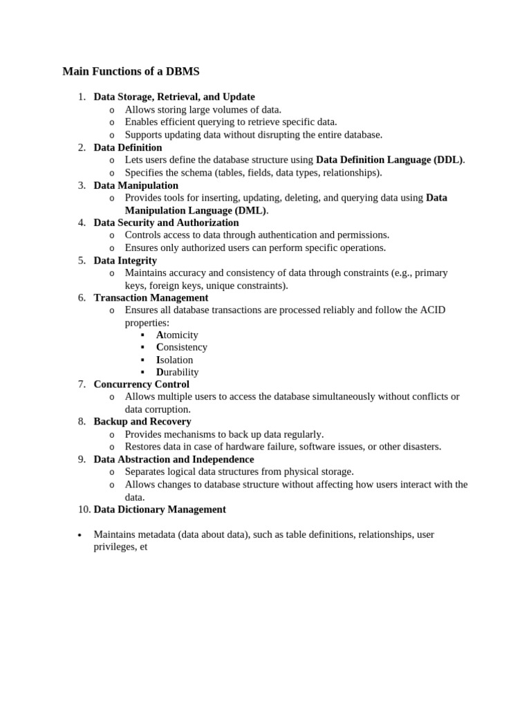 Main Functions of A DBMS | PDF