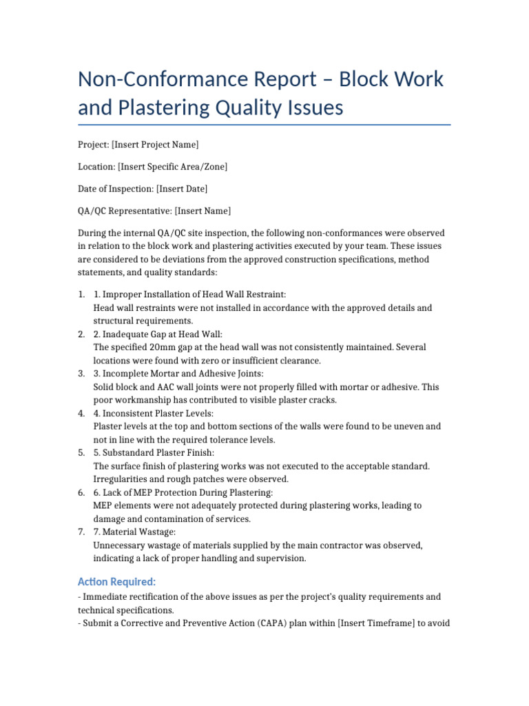 NCR: Block Work & Plastering Issues | PDF