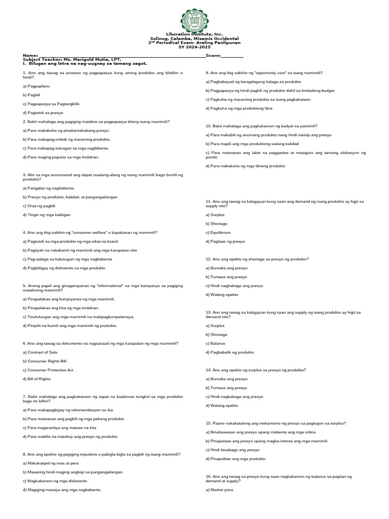 2nd Periodical ExaM - ARAL PAN 9 | PDF