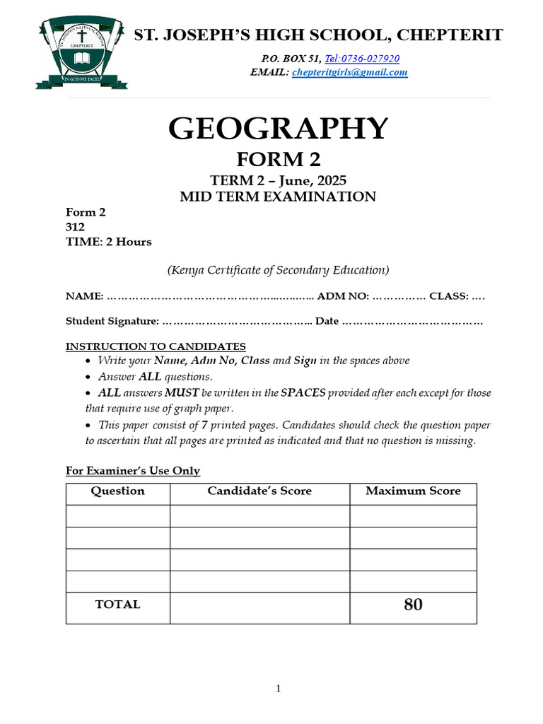Geography Form 2 Mid Term II 2025 | PDF | Rock (Geology) | Earth Sciences