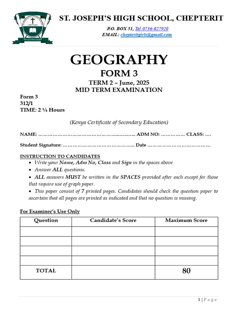 Geography Form 3 Mid Term Exam 2025 | PDF | Geology | Physical Geography