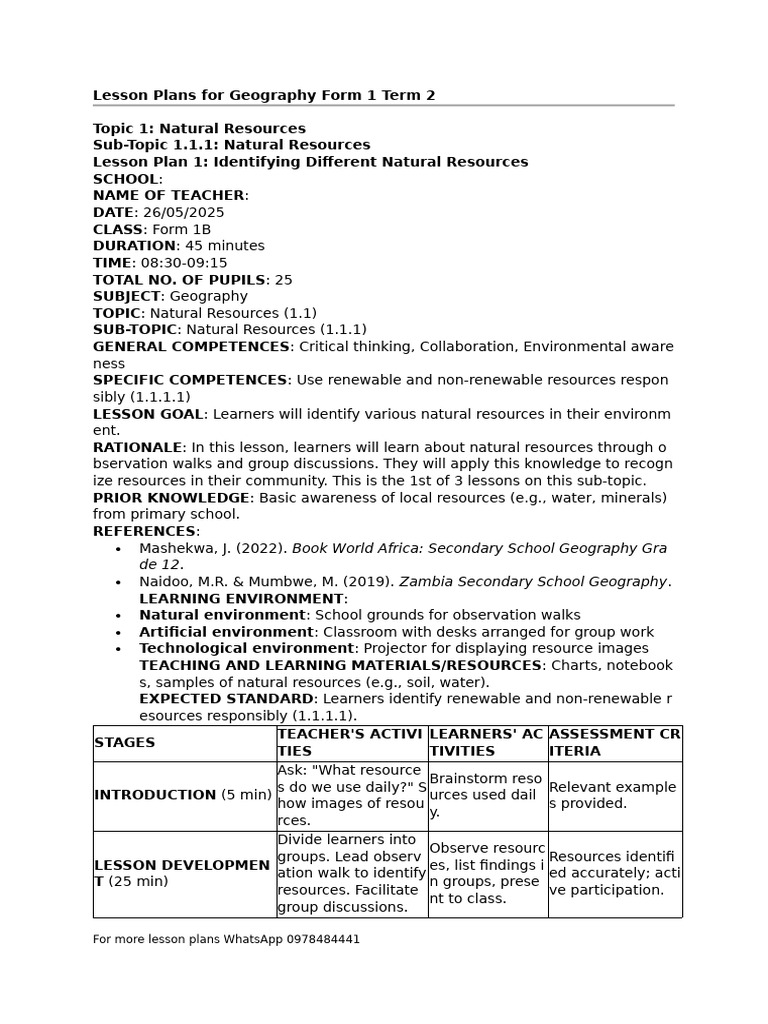 Form 1 Geography Lesson Plans For Term 2 | PDF | Lesson Plan ...