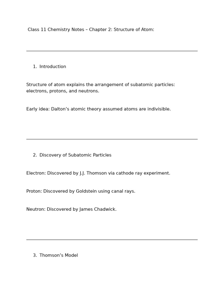 Class 11 Chemistry: Atom Structure Notes | PDF | Electron | Atoms