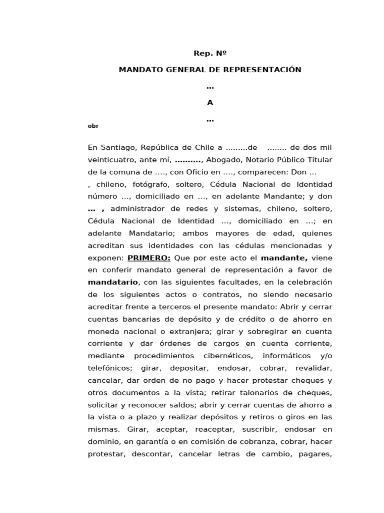 Modelo Mandato General Chile Ante Notario | PDF | Bancos | Cheque