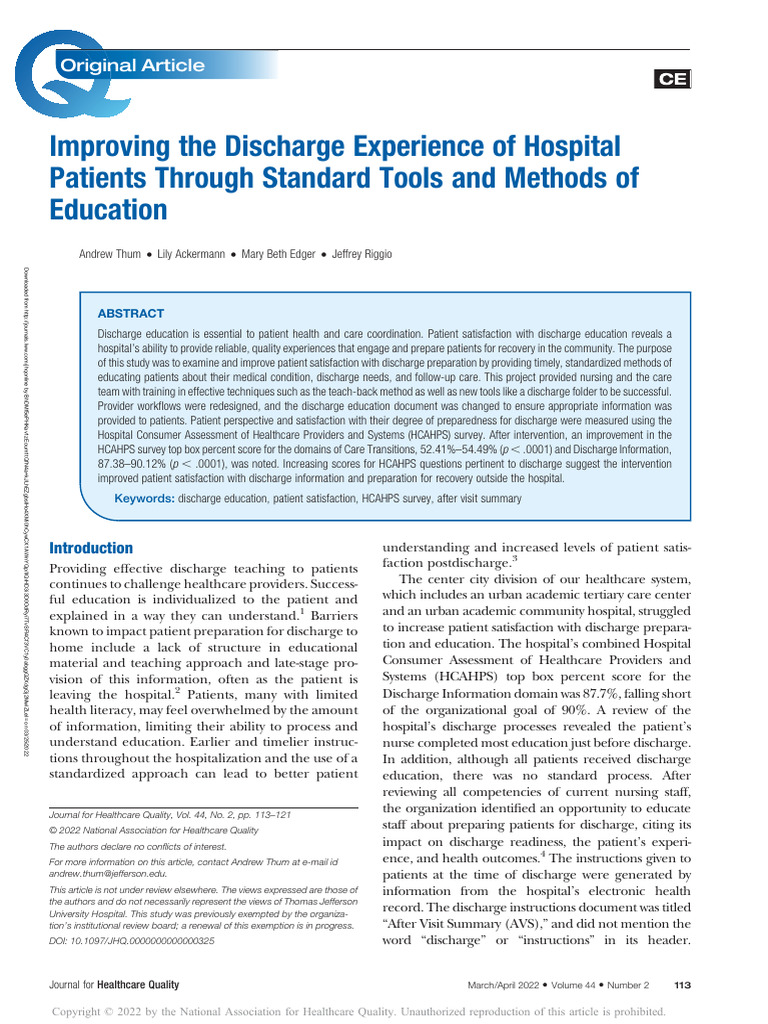 22APR Improving The Discharge Experience of Hospital | PDF | Patient | Health Care
