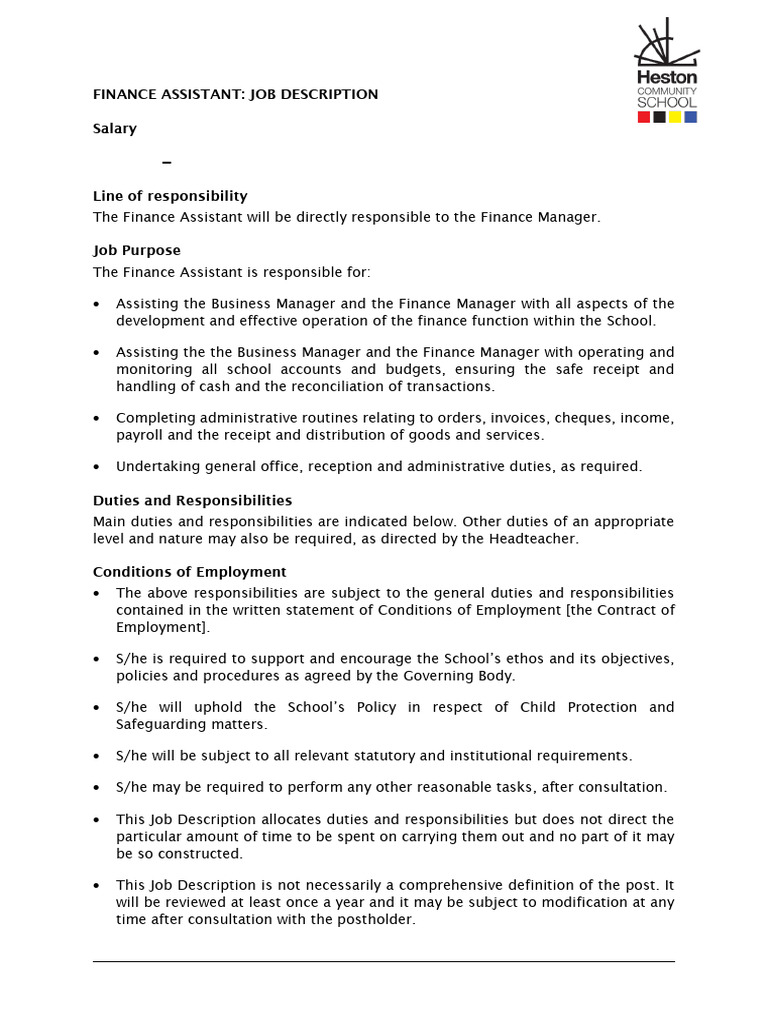 Finance Assistant Job Description | PDF | Databases | Receipt