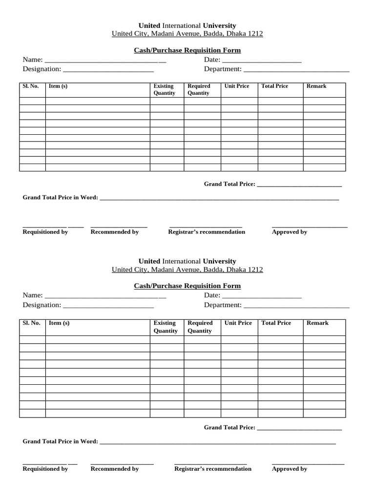 Form Cash Purchase Requisition Form | PDF