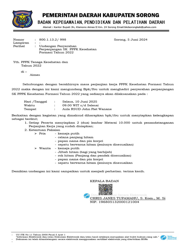 Undangan Penyerahan SK Perpanjangan PPPK Nakes 2022 - Sign | PDF