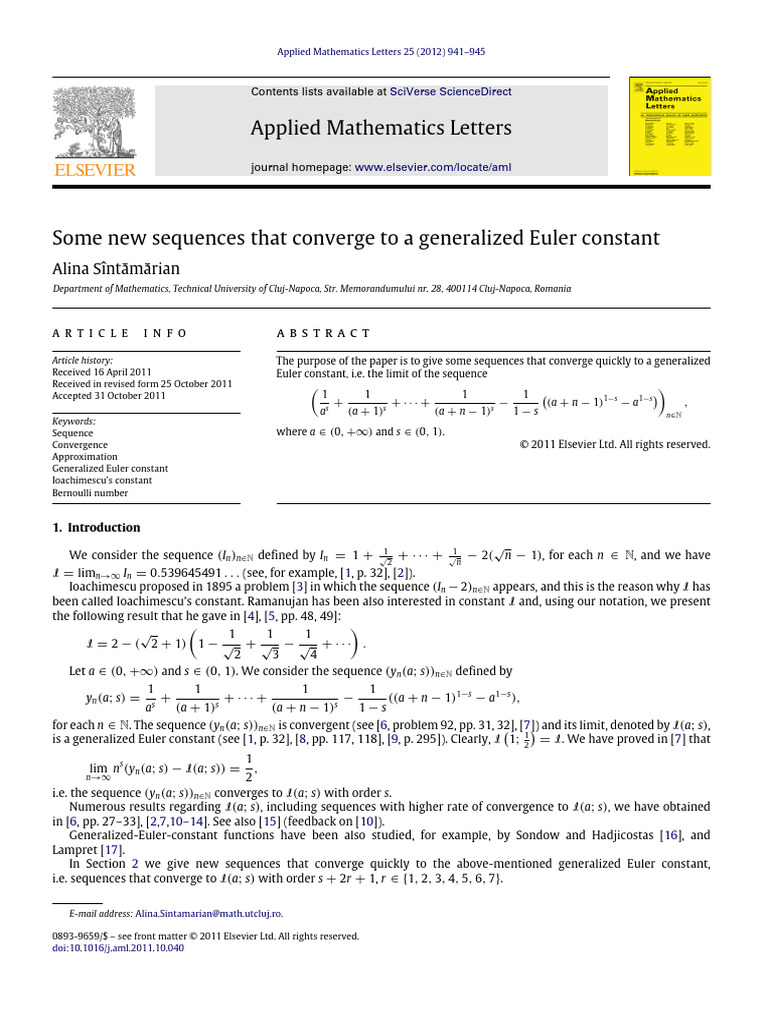 Some New Sequences That Converge To A Generalized Euler Constant | PDF | Sequence | Mathematical ...