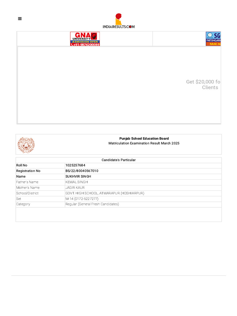 Matriculation Examination Result March 2025_ Punjab School Education Board | PDF