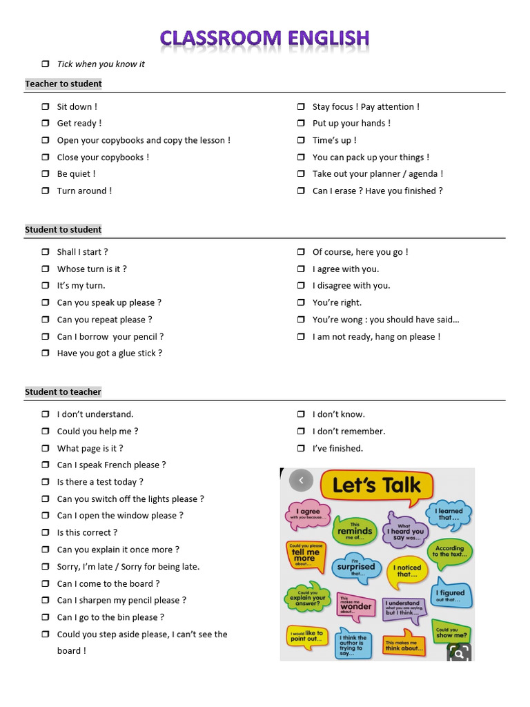 Essential Classroom English Phrases | PDF