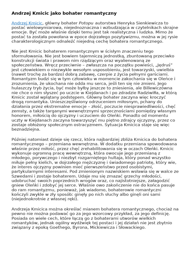 Andrzej Kmicic Jako Bohater Romantyczny | PDF