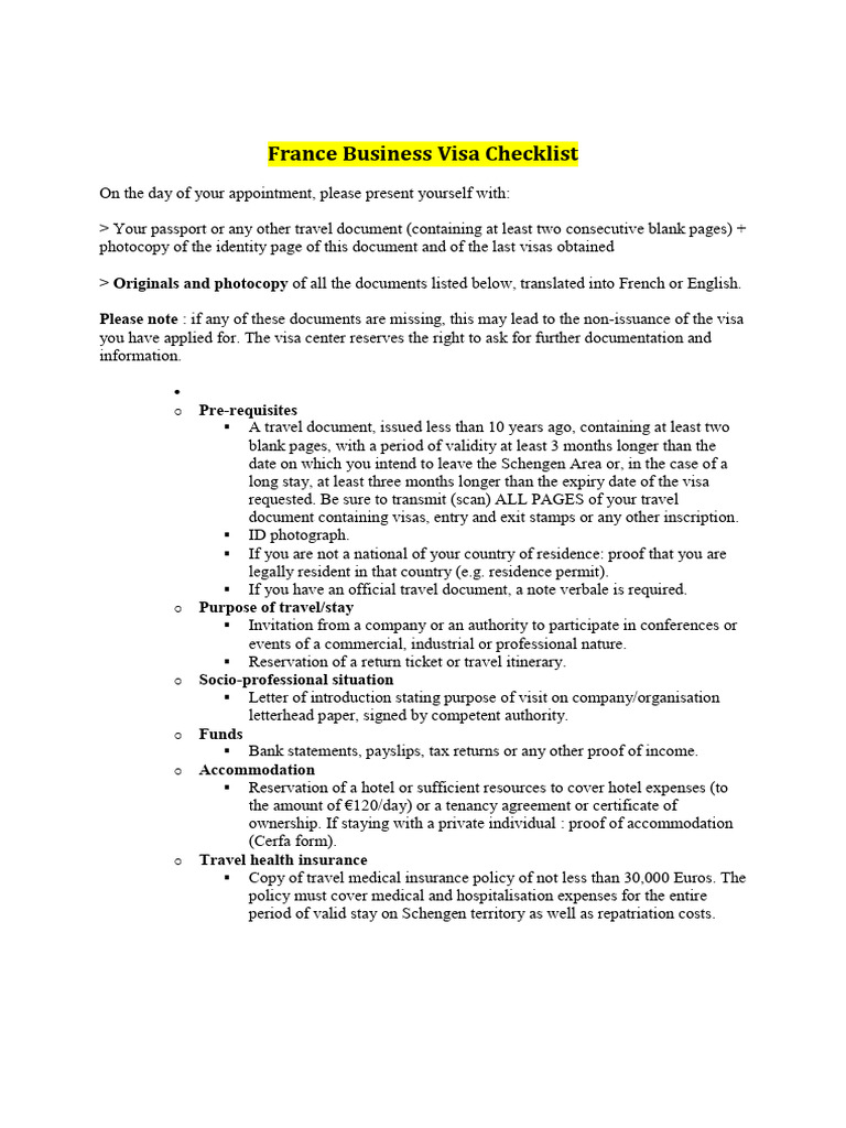 France Business Visa Checklist | PDF | Travel Visa | Human Migration