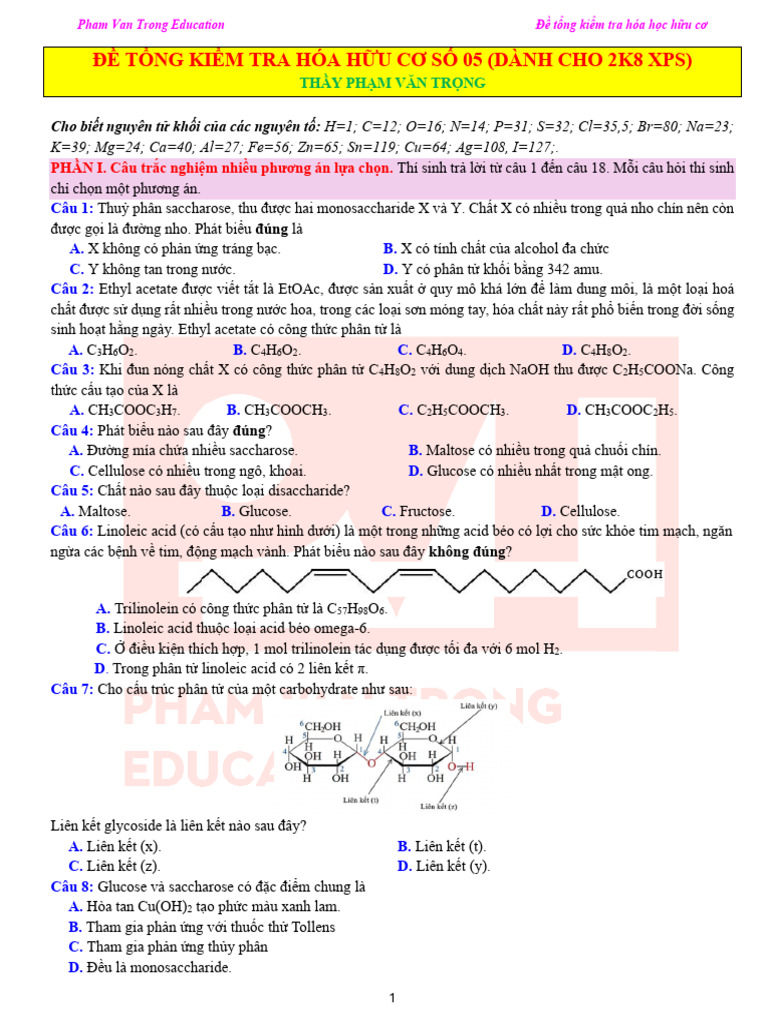 ĐỀ KIỂM TRA TỔNG HỢP HÓA HỮU CƠ SỐ 05 (Dành cho 2k8 xps) -ĐỀ | PDF