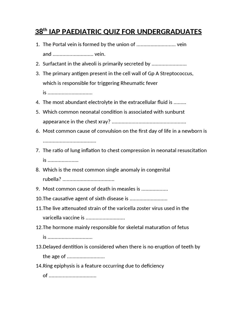 IAP Pediatric Quiz for Undergraduates 38th | PDF | Pediatrics | Medicine