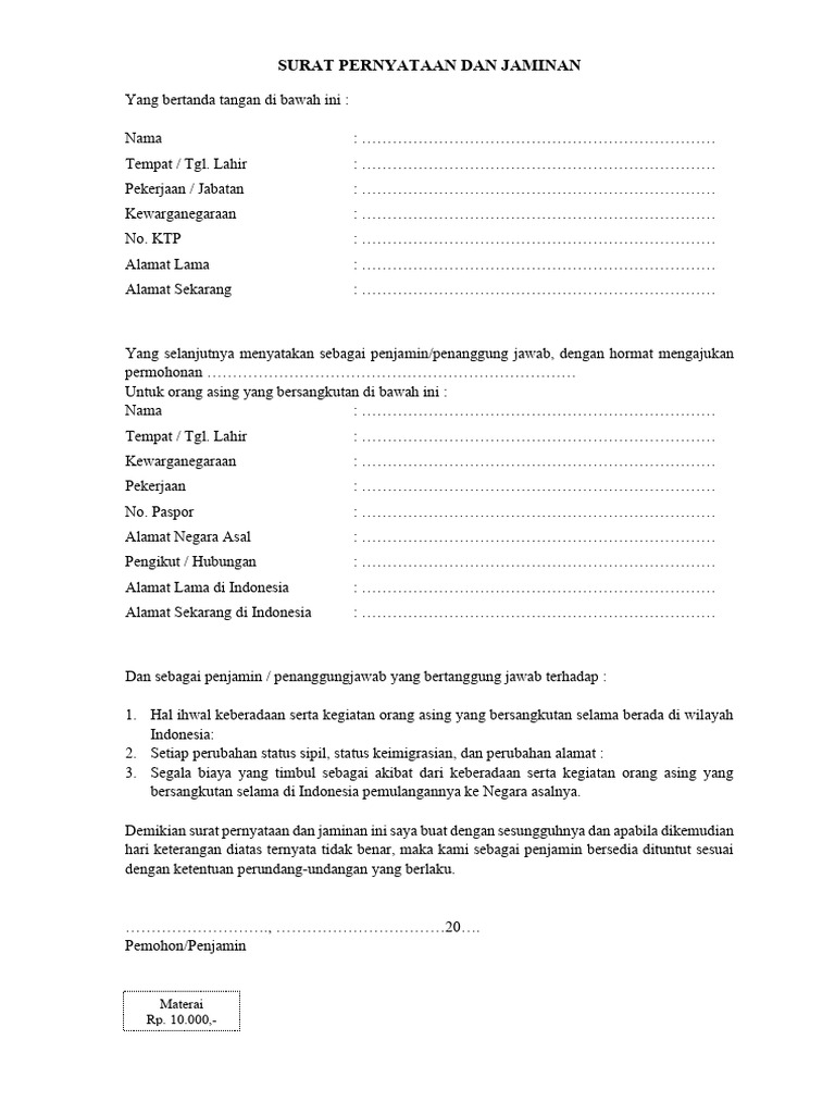 Surat Pernyataan Dan Jaminan | PDF