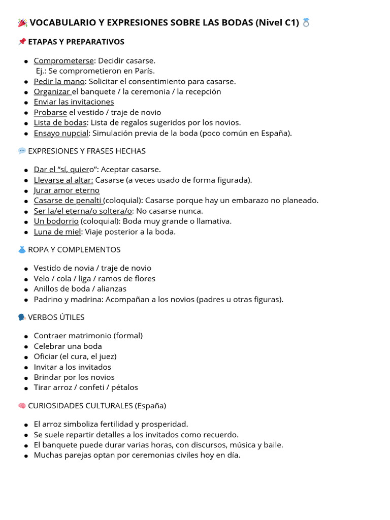 Vocabulario Esencial para Bodas 2025 | PDF