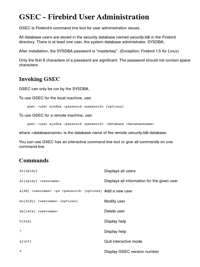 Firebird Gsec | PDF | Command Line Interface | Password