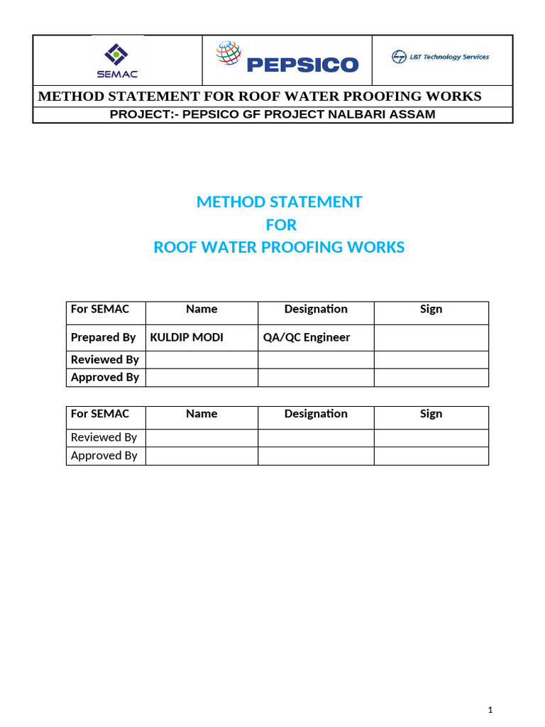 Method Statement Roof Waterproofing | PDF | Concrete | Roof
